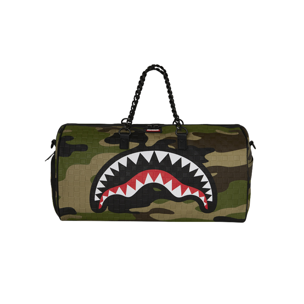 Sprayground Woodland Camo Check Chain Duffle Bag | Crypt.ae